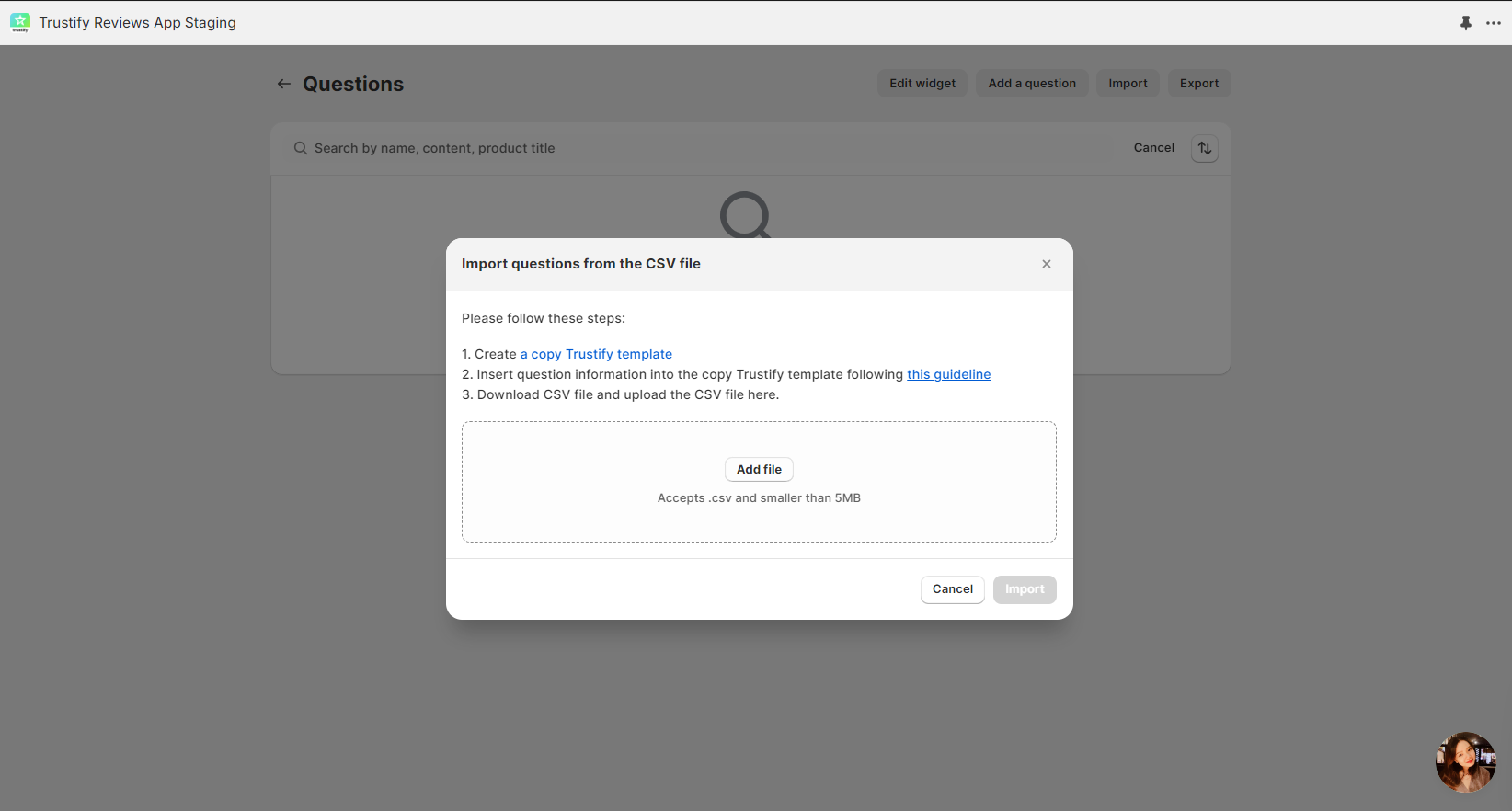 Import questions and answers from CSV files with Trustify - Trustify Reviews